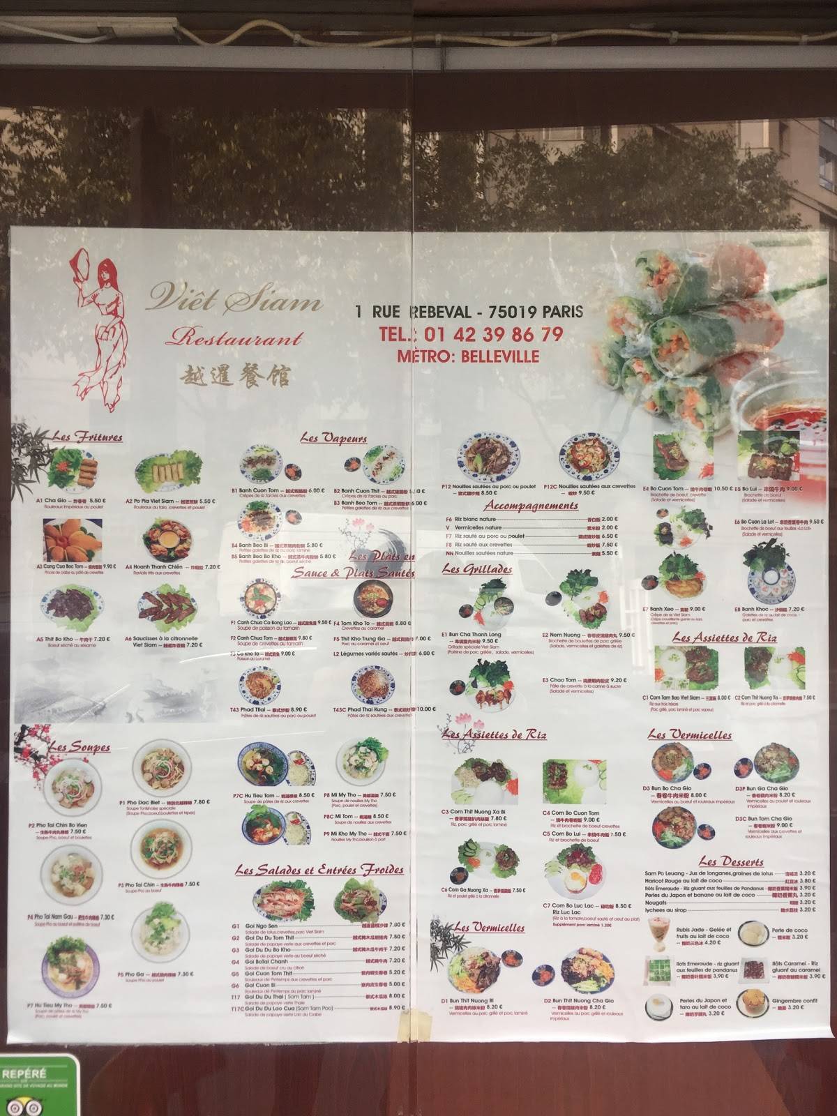 Menu at Viet Siam restaurant, Paris