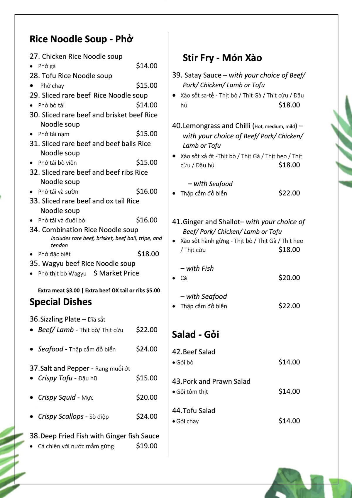 Menu at Vietnam House restaurant, Phillip