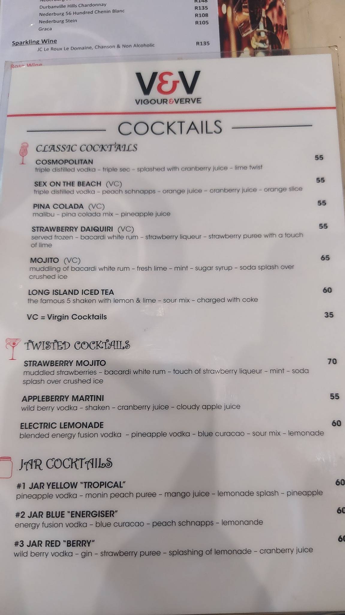Menu at Café Vigour restaurant, Pietermaritzburg