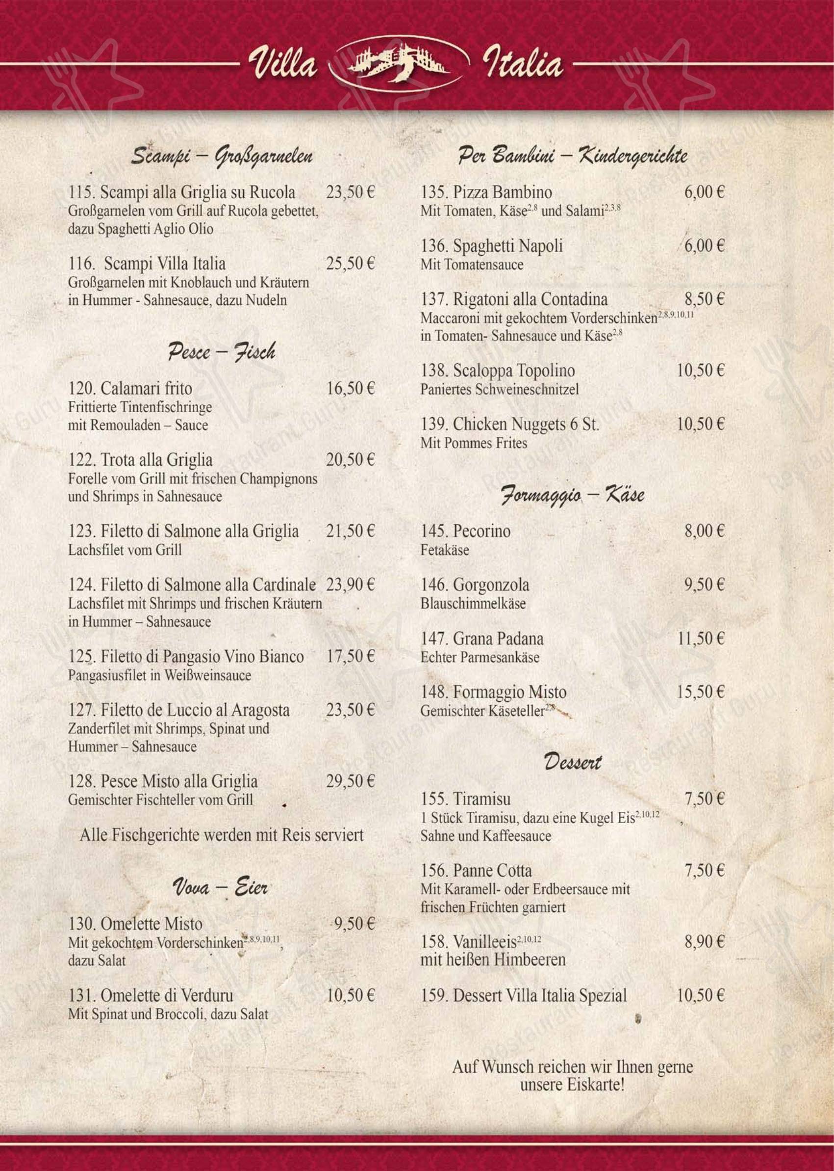 Speisekarte von Villa Italia restaurant, Bad Langensalza