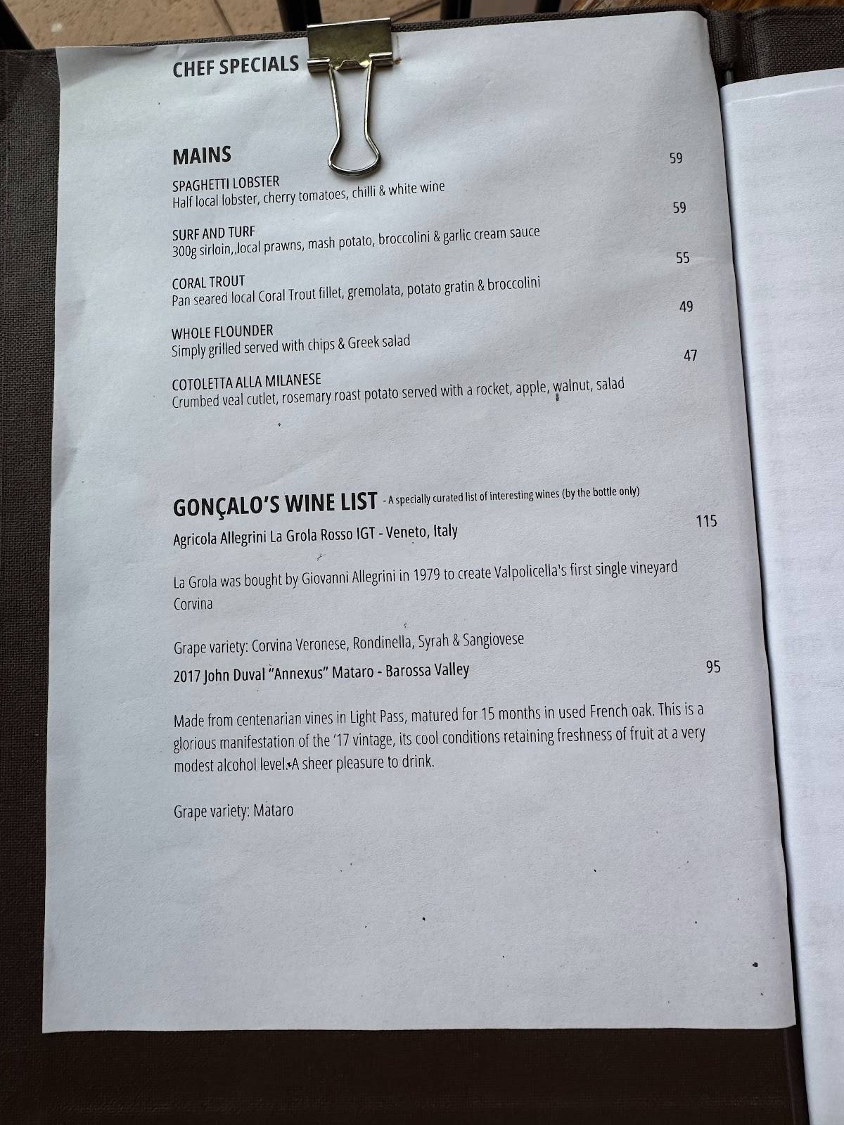 Menu at Villa Romana restaurant, Cairns, 99 Esplanade