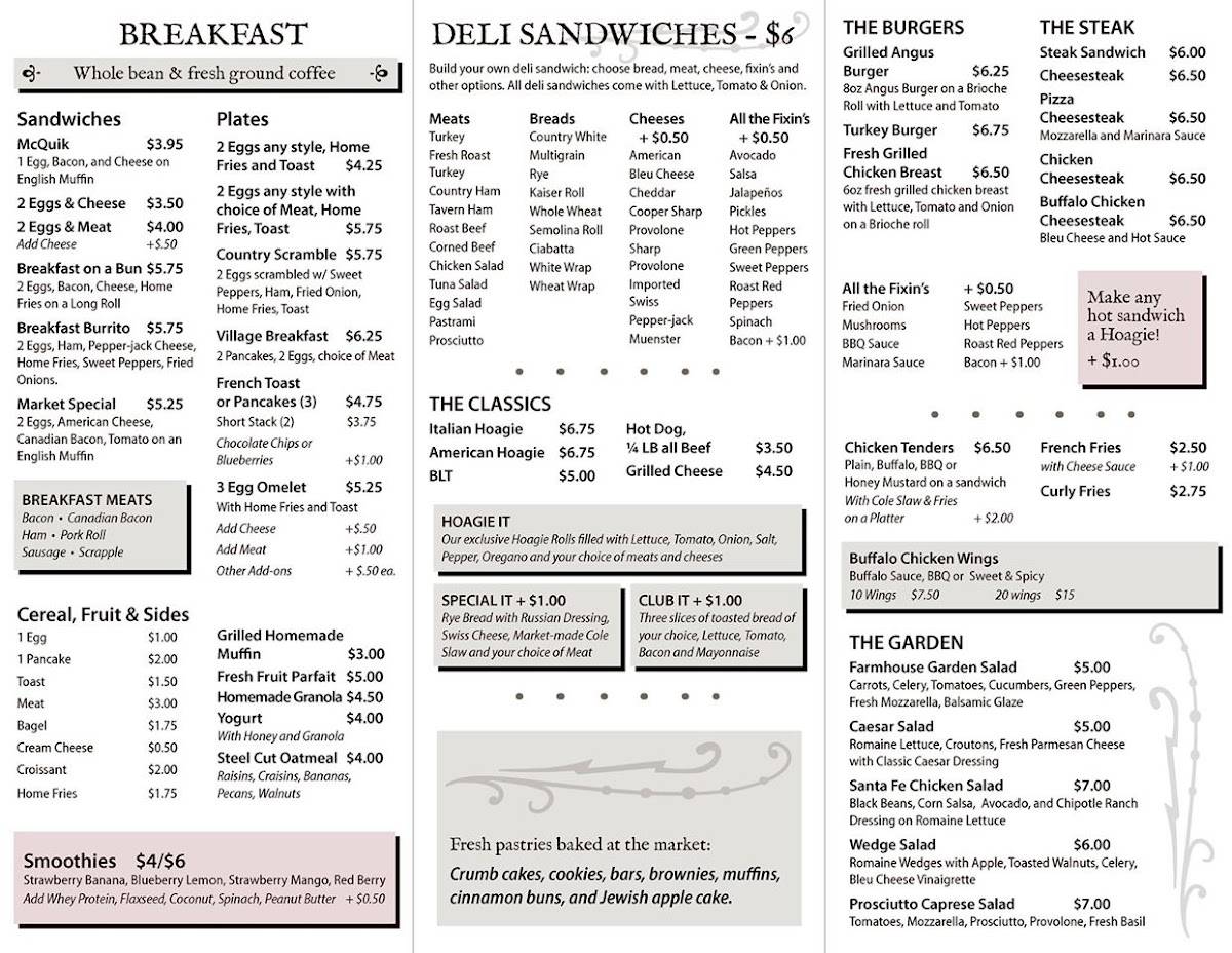 Menu at Village Market cafe, Newtown