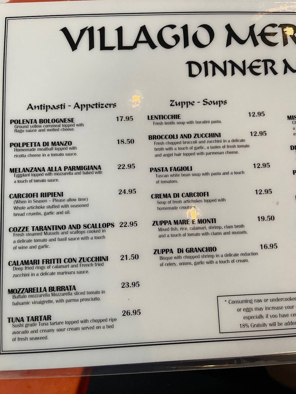 Menu at Villagio restaurant, Coral Gables, Village of Merrick Park