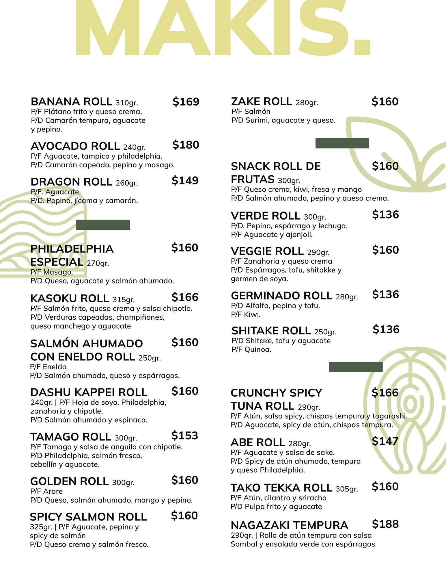 Carta del restaurante Sensei Vhsa, Villahermosa