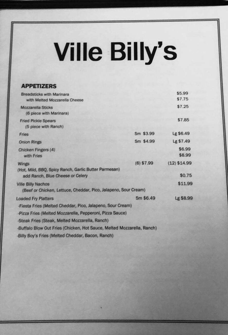 Menu at Ville Billy`s LLC pizzeria, State College