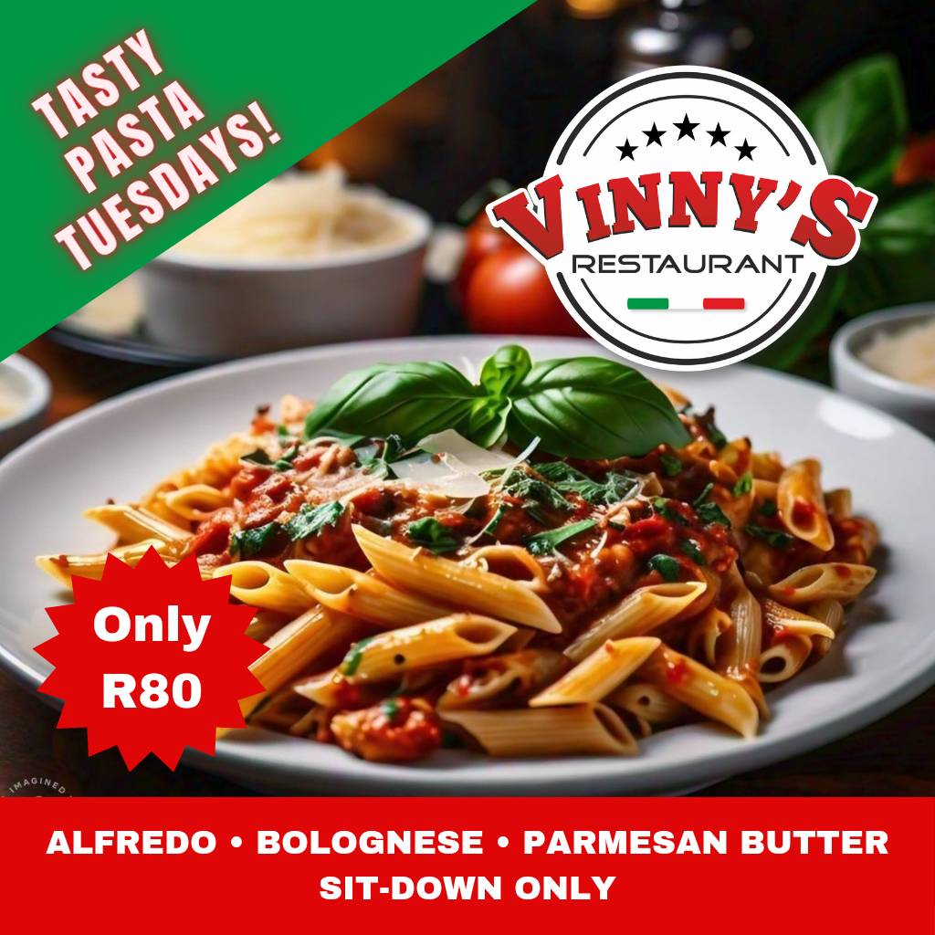 Menu at Vinny's Pizzagetti restaurant, Welkom