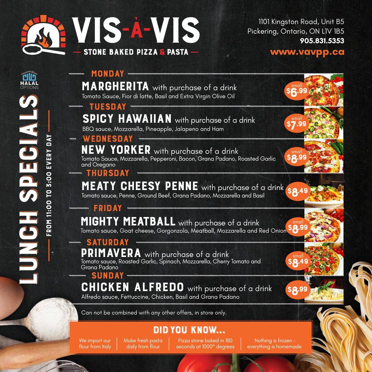 Menu at Vis-à-Vis pizzeria, Pickering