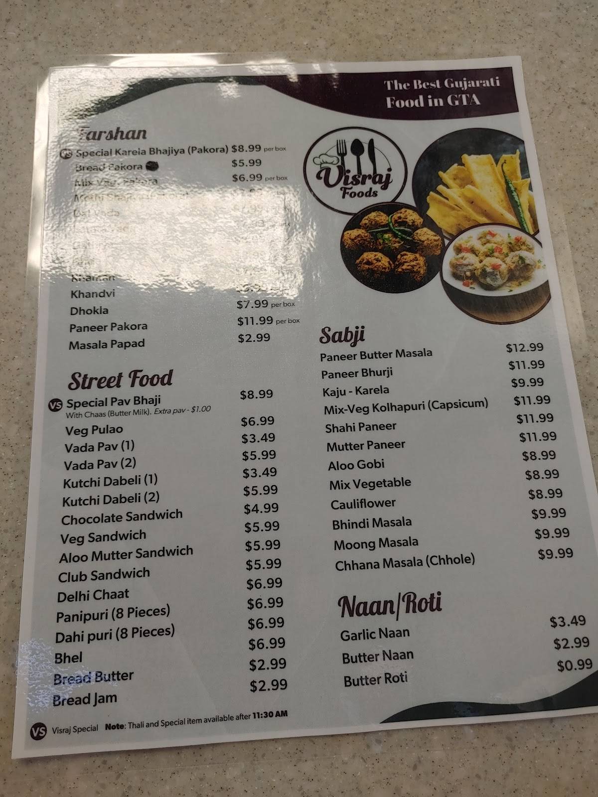 Menu at Visraj Foods restaurant, Mississauga