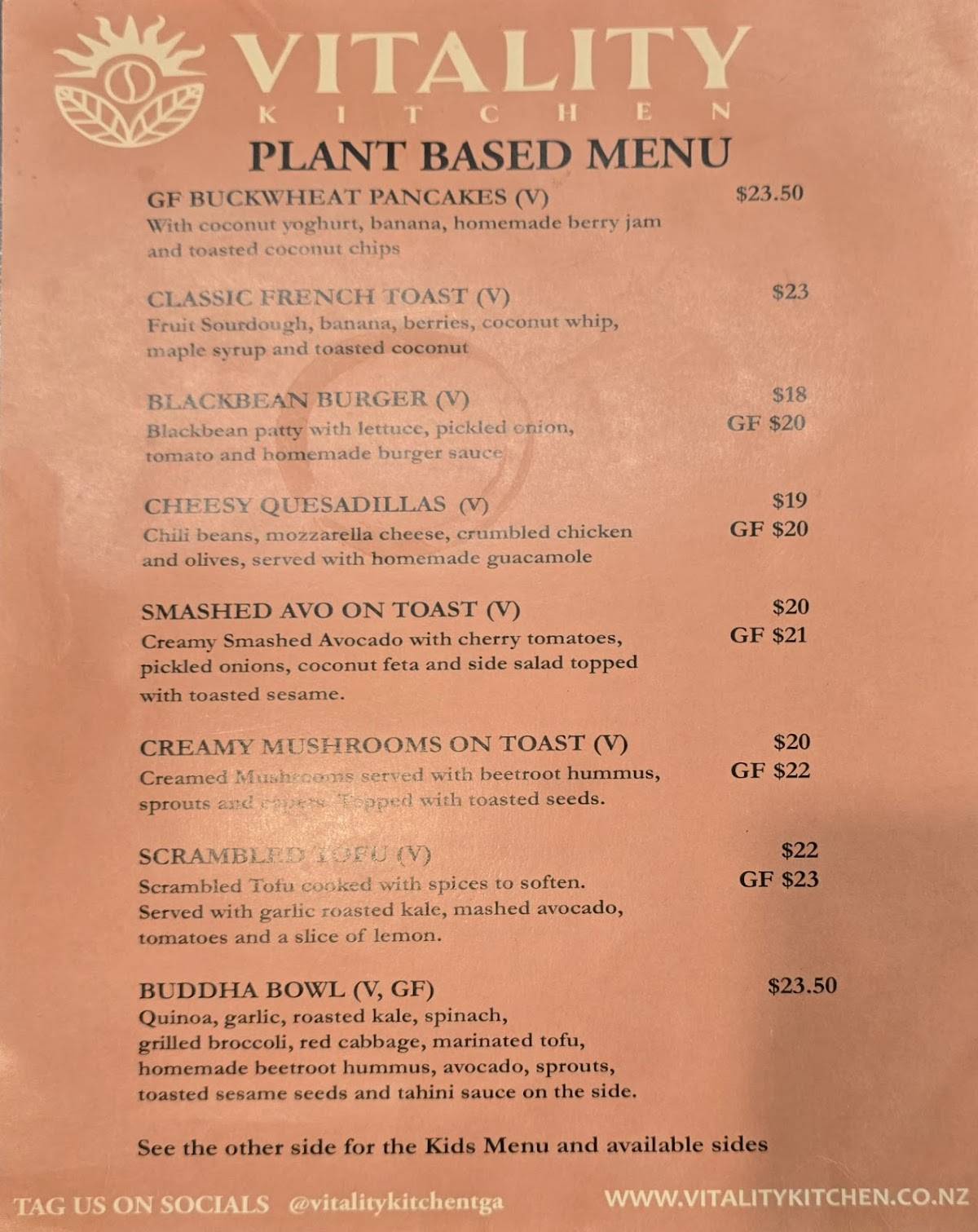 Carta del café Vitality Kitchen, Tauranga