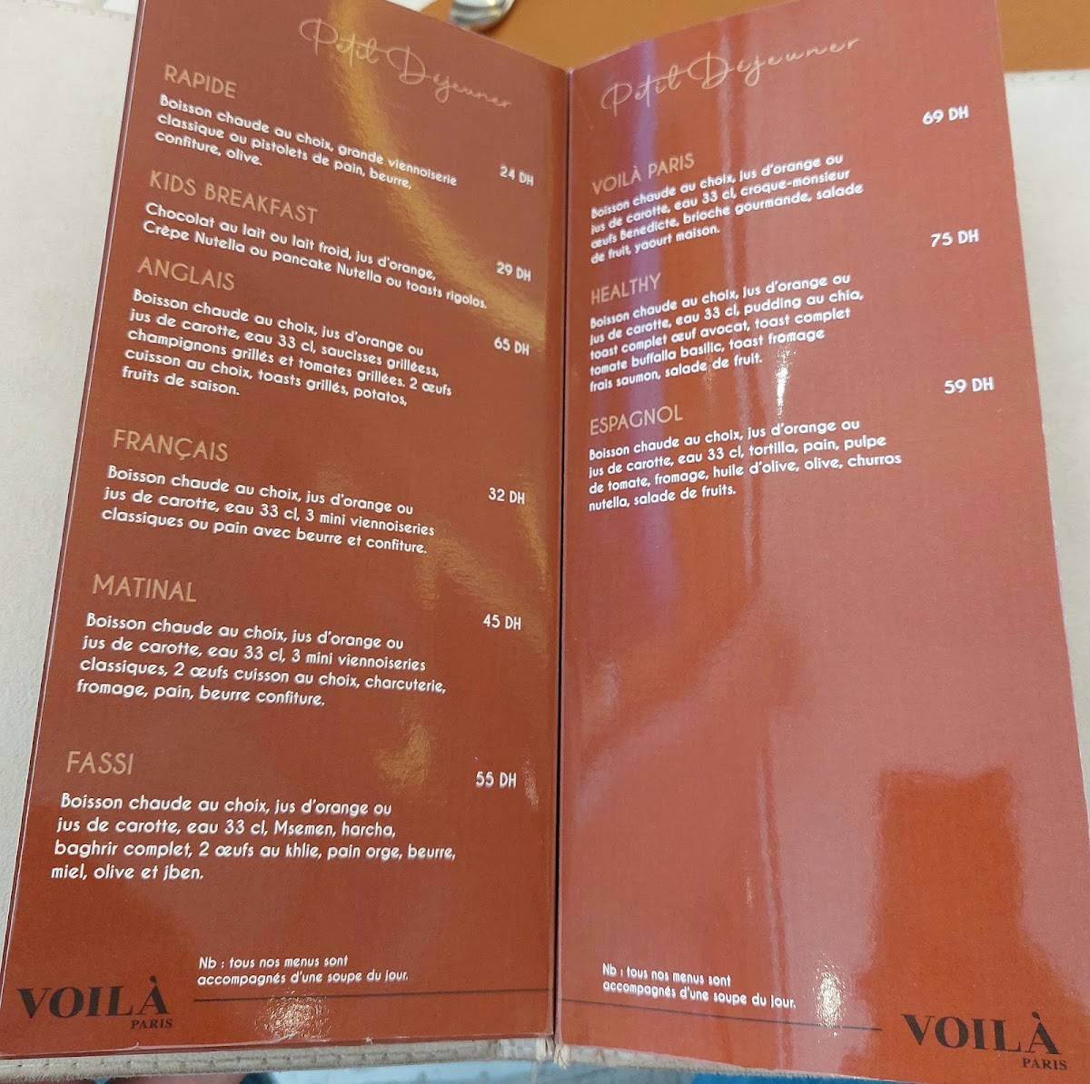 Menu at Voilà Paris restaurant, El Jadida