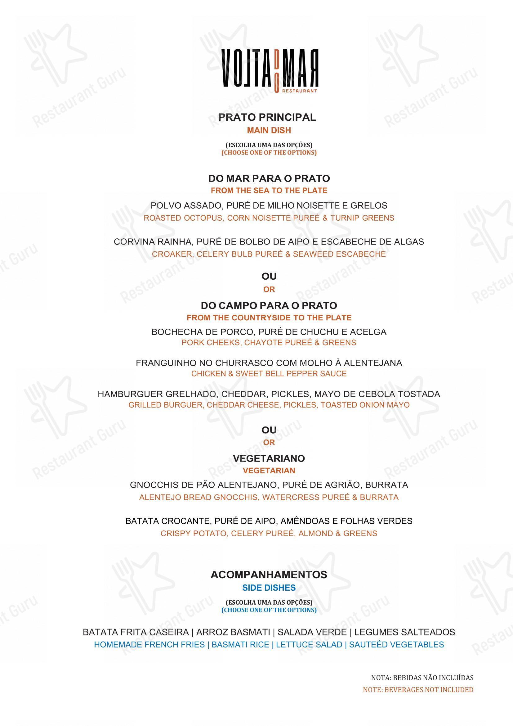 Menu em Volta do Mar Restaurant, Sines