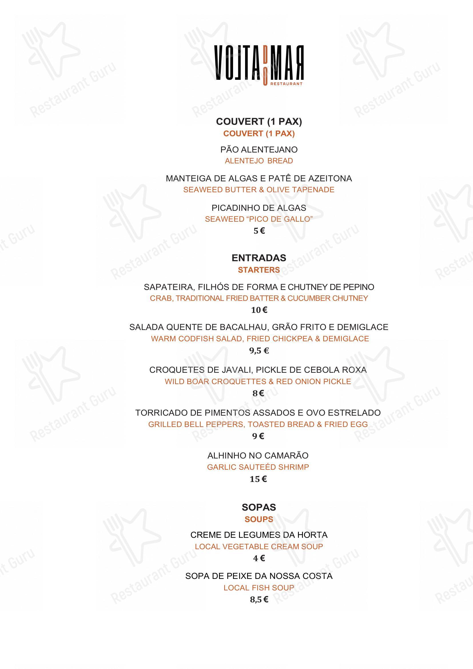 Menu em Volta do Mar restaurante, Sines