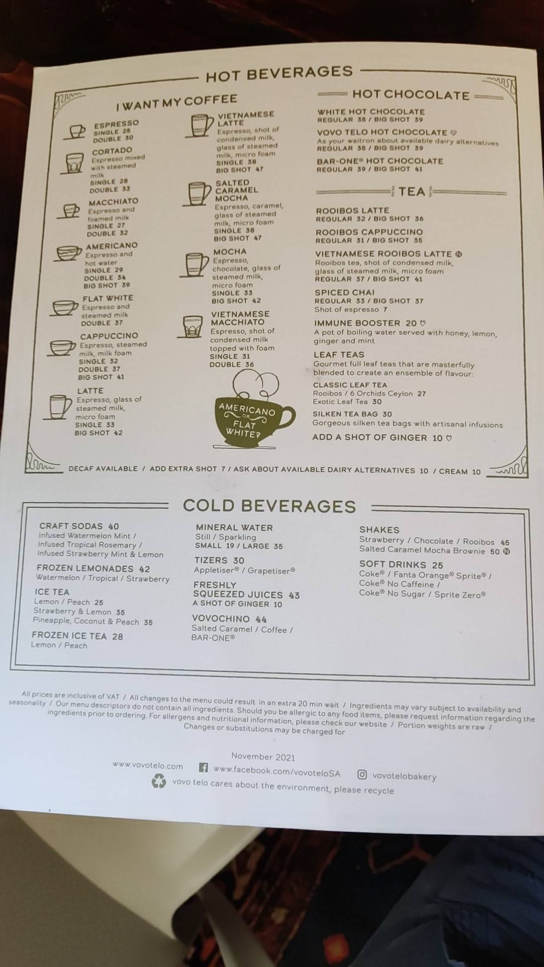 Menu at Vovo Telo cafe, South Africa