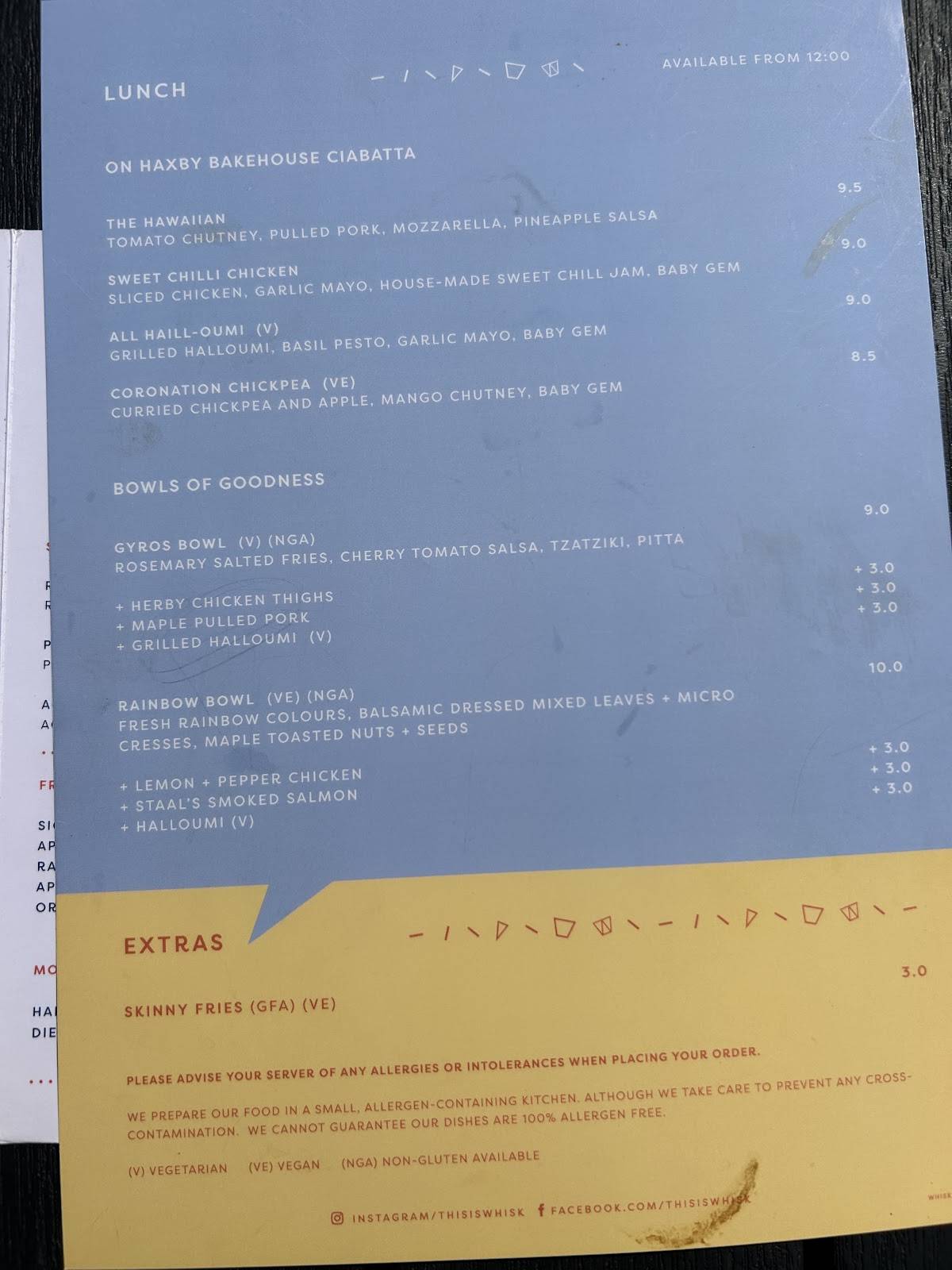 Menu at WHISK cafe, Pocklington
