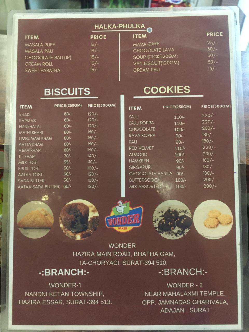 Menu at Wonder 2 Bakers, Surat, Satkar Apartment