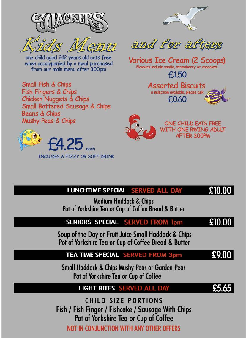 Menu at Wackers Scarborough restaurant, Scarborough
