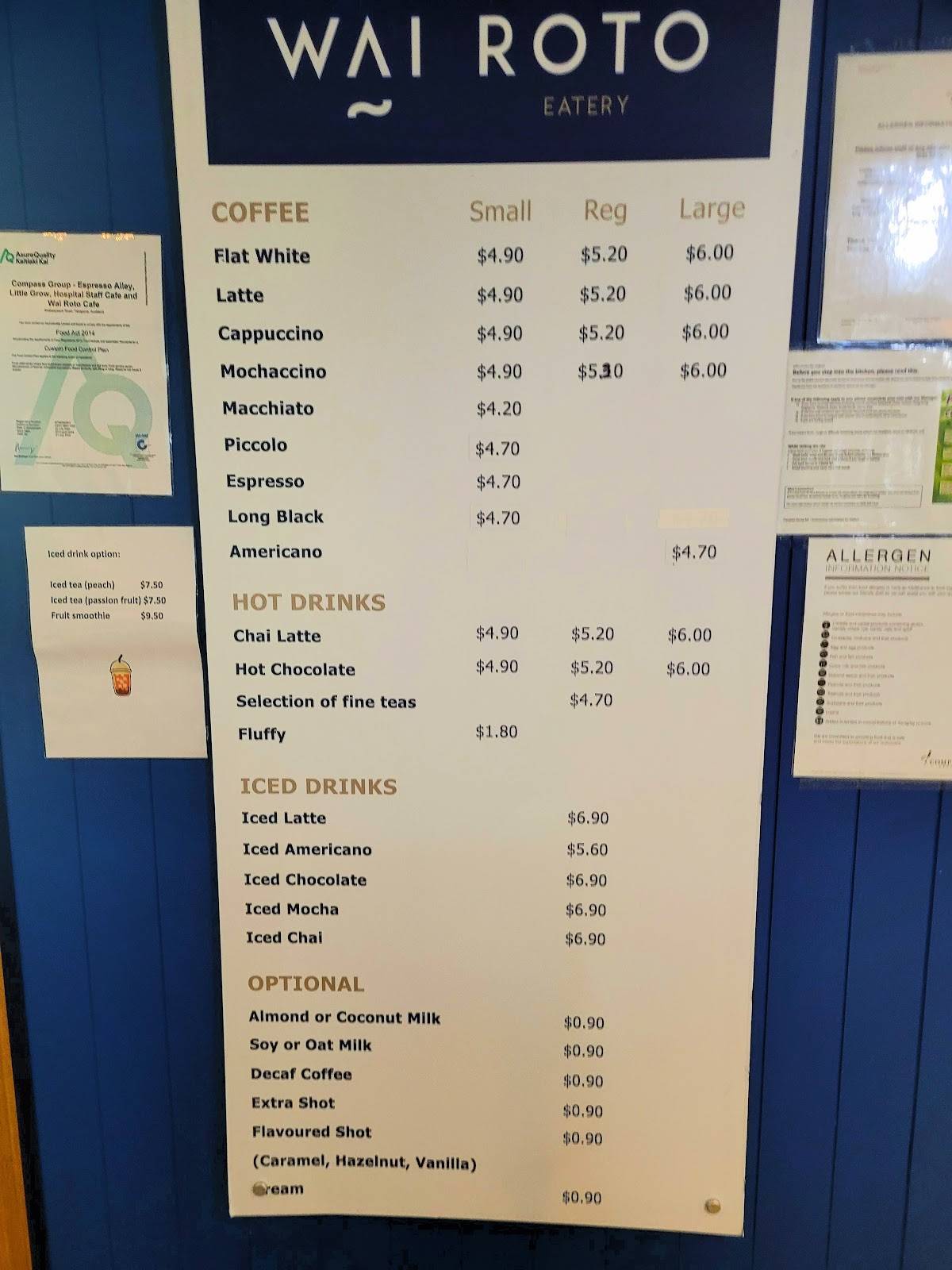 Menu at Wai Roto Eatery cafe, Auckland