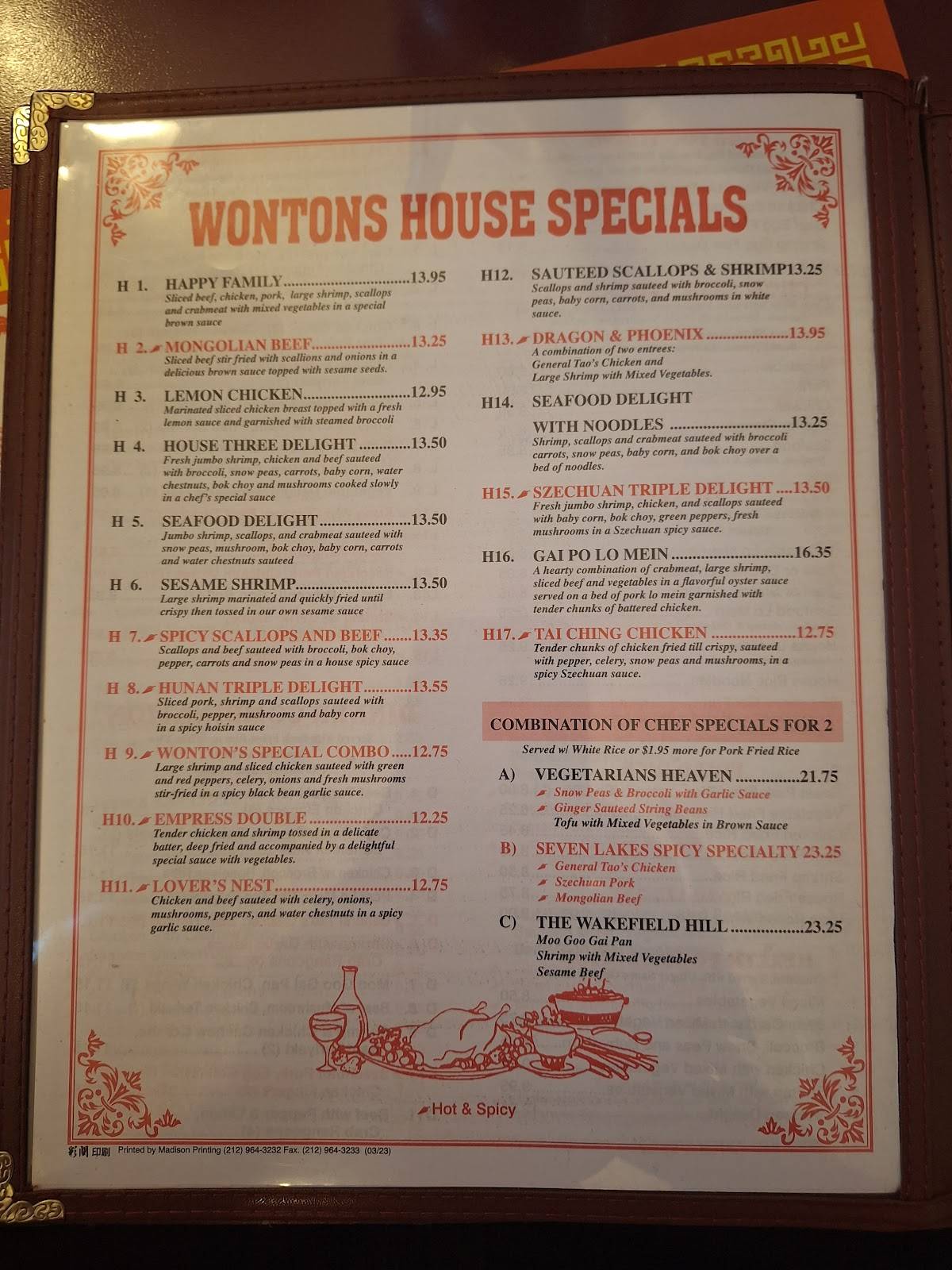 Menu at Wontons Chinese Restaurant, Wakefield, White Mountain Hwy