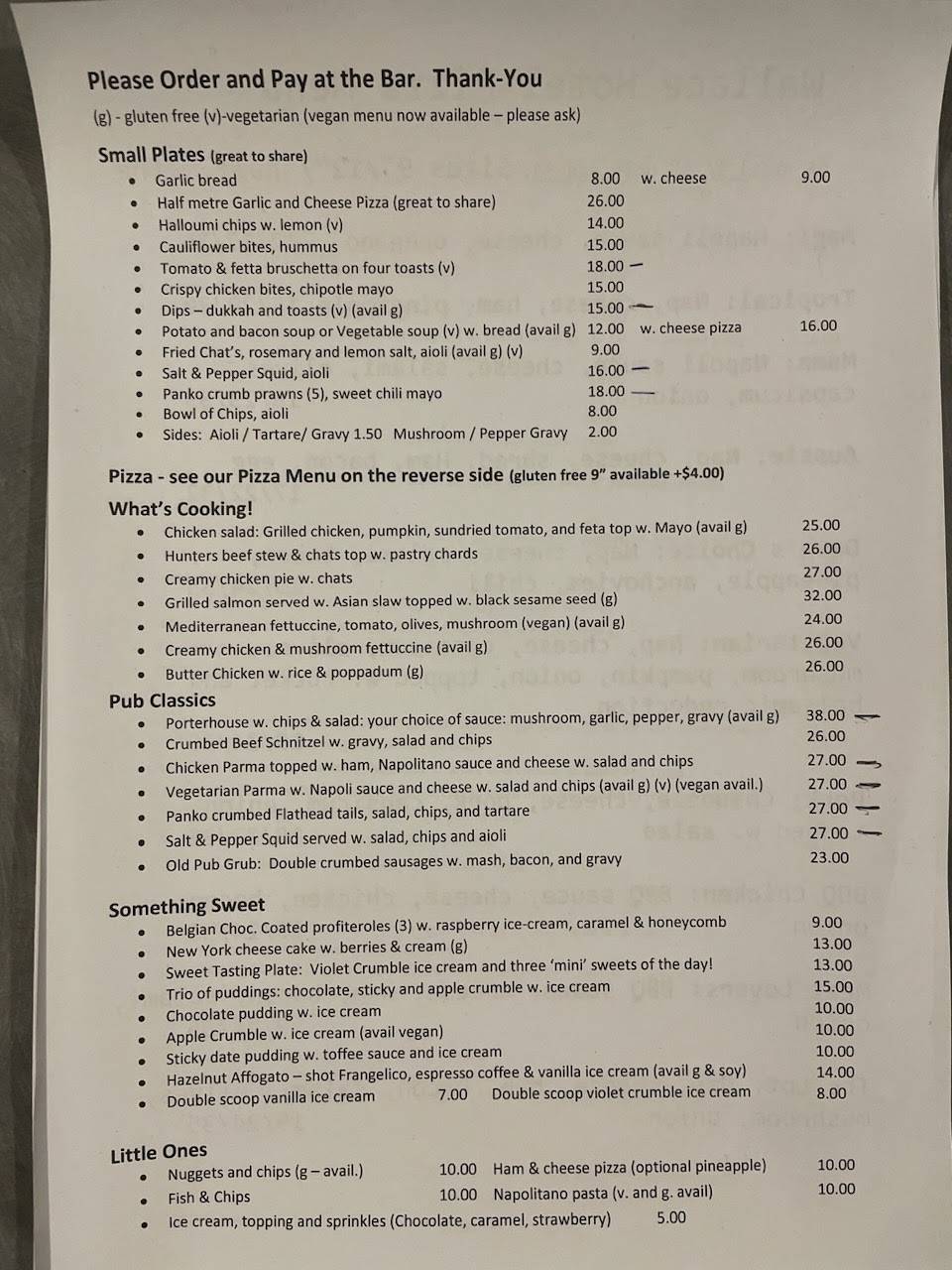 Menu at Wallace Hotel pub & bar, Wallace