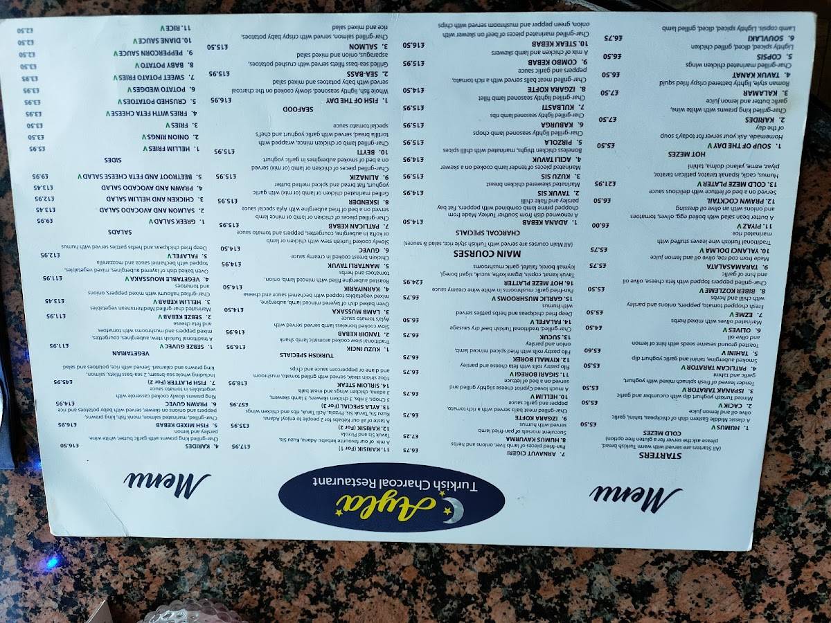 Carta de Cappadocia Turkish Charcoal Restaurant New Brighton, Wallasey