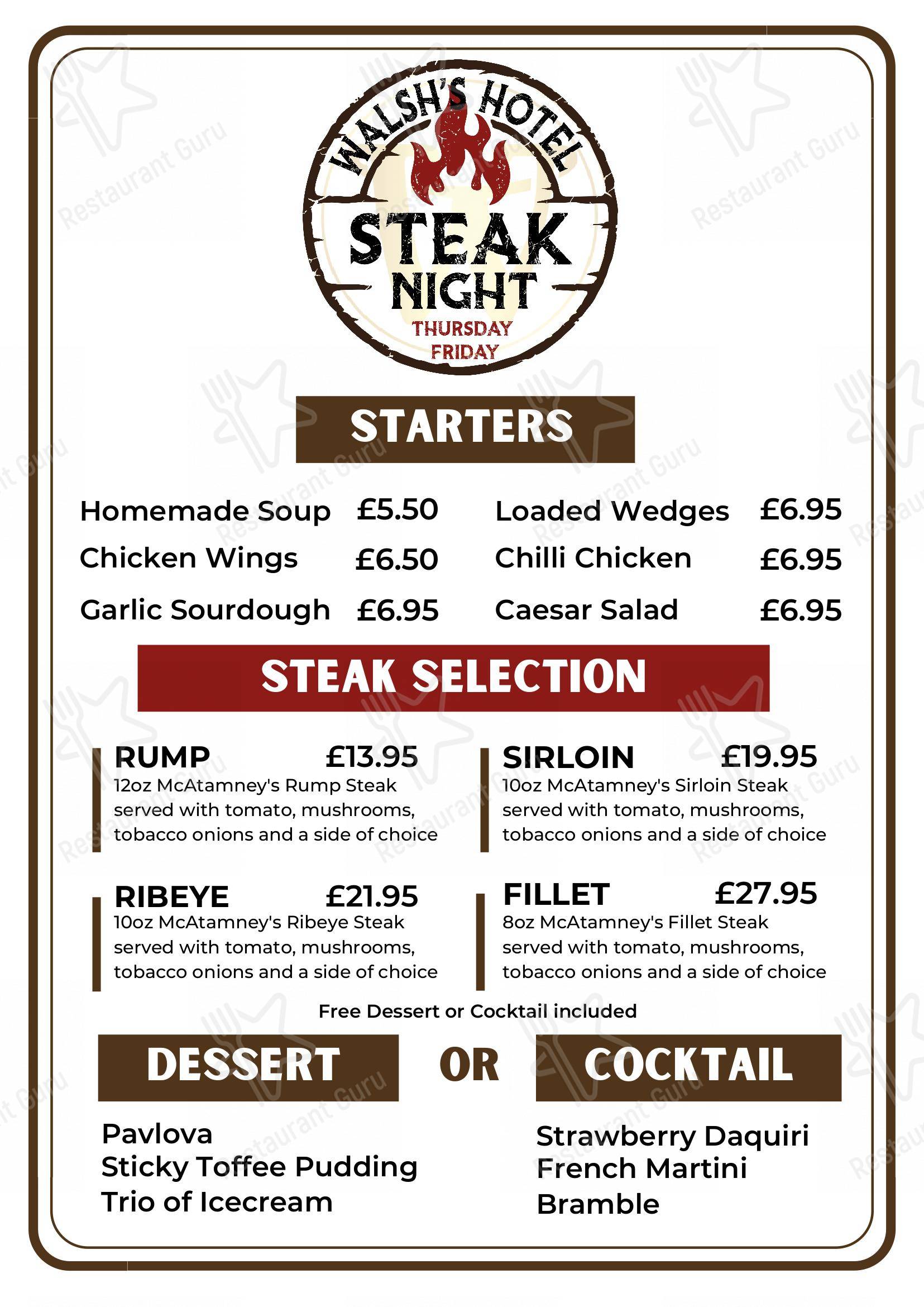Menu at Walsh's Hotel pub & bar, Maghera