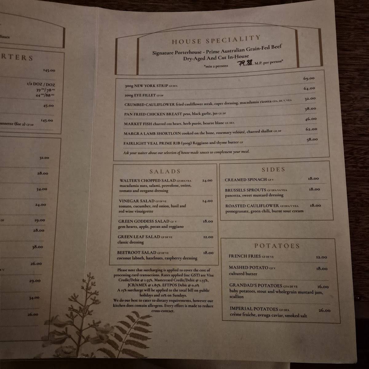 Menu at Walter's Steakhouse and Wine Bar, Brisbane City