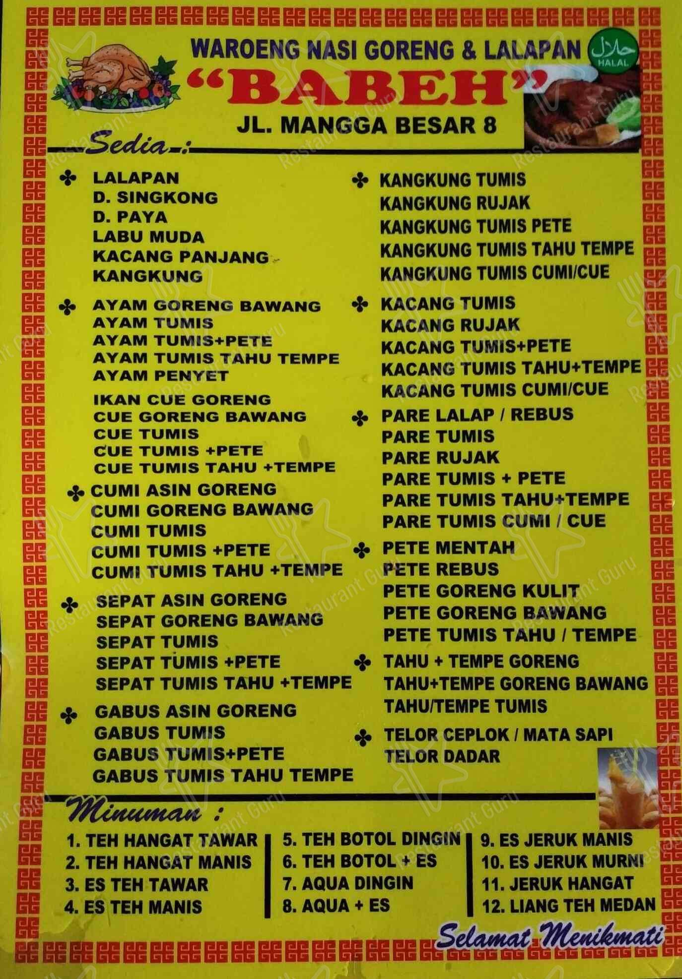 Menu at Warung Nasi Goreng & Lalapan Babeh restaurant, West Jakarta
