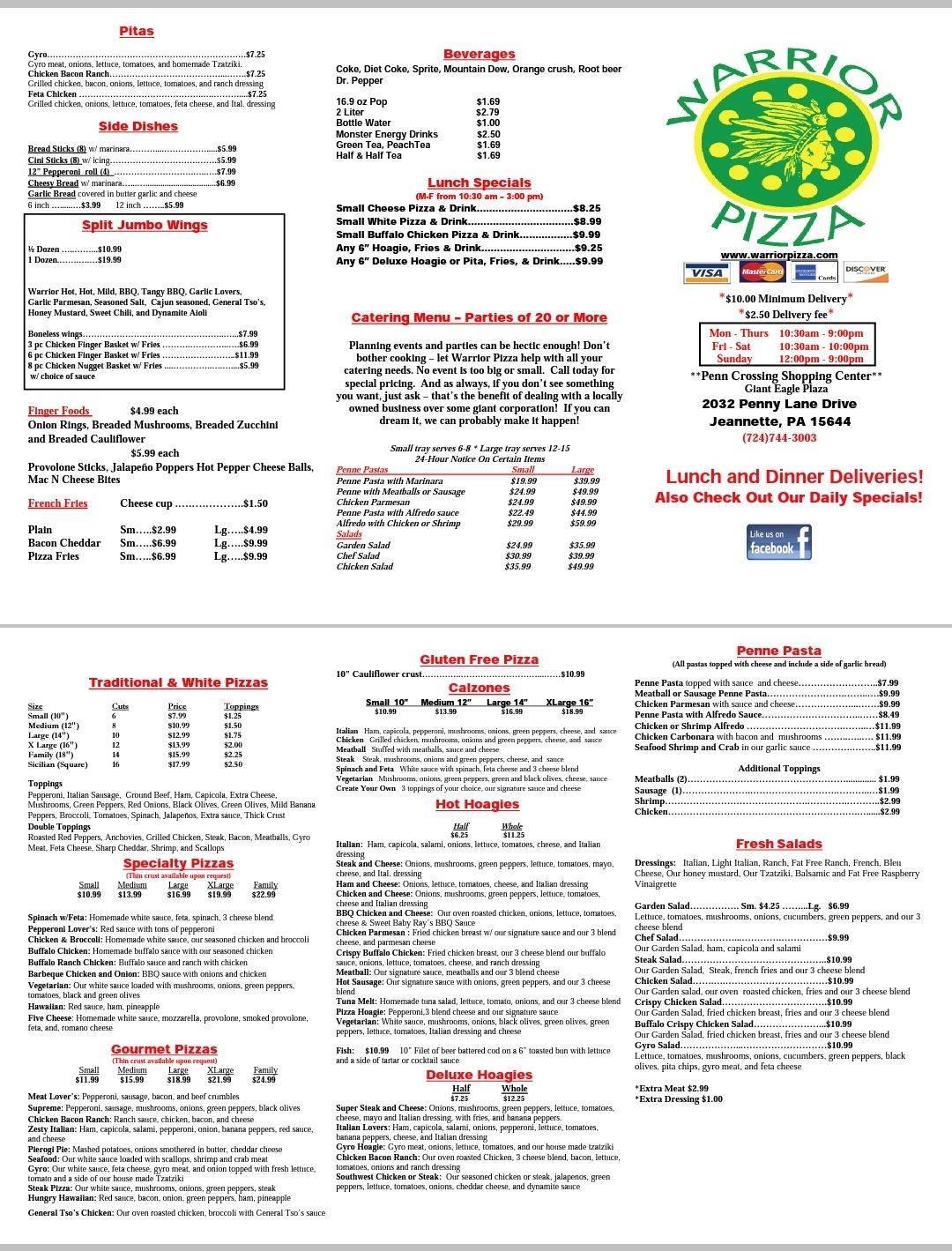 Menu at Warrior Pizza pizzeria, Jeannette