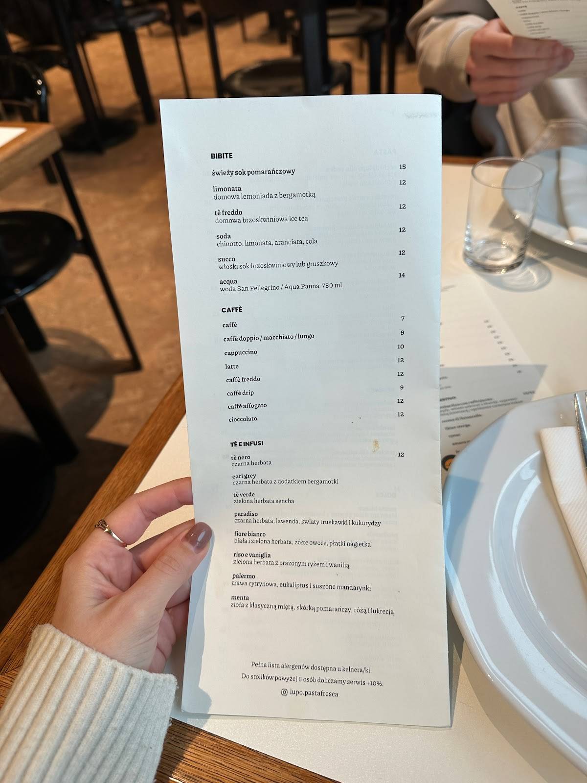 Menu at Lupo Pasta Fresca restaurant, Warsaw