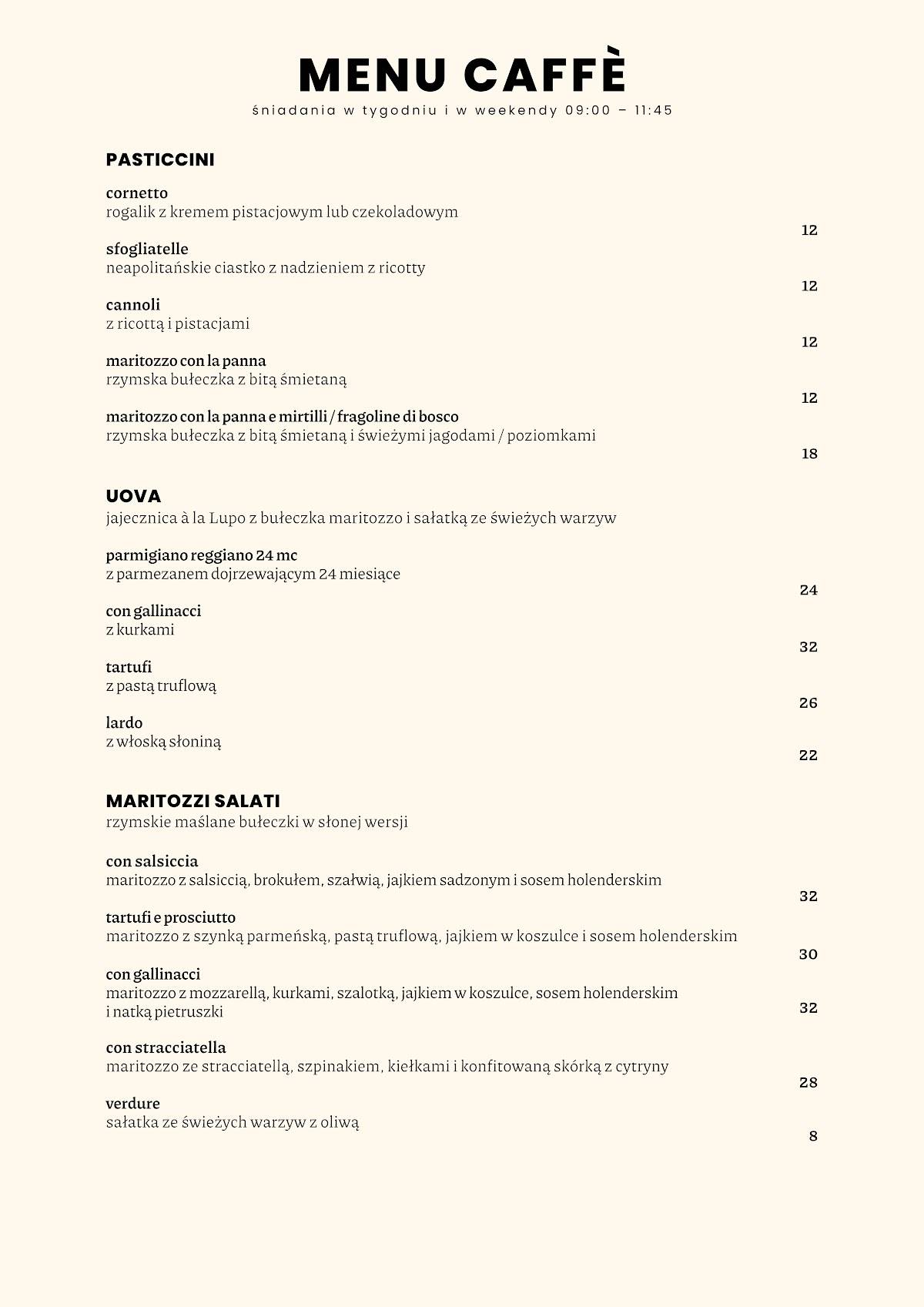 Menu at Lupo Pasta Fresca restaurant, Warsaw