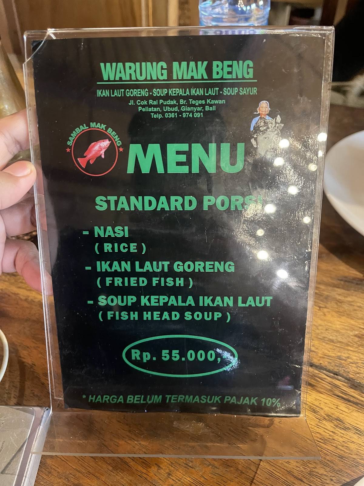 Menu at Warung Mak Beng Ubud restaurant, Gianyar, Jl. Cok Rai Pudak