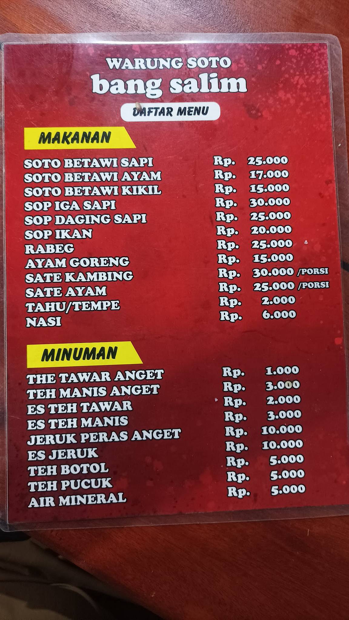 Menu at Warung Soto Bang Salim restaurant, Cilegon, Jalan PCI Blok A11 ...