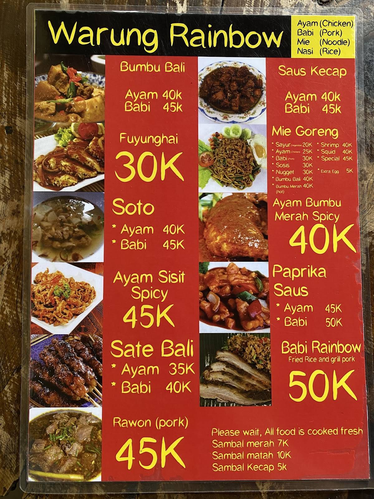 Menu at Warung Stall Rainbow restaurant, Denpasar