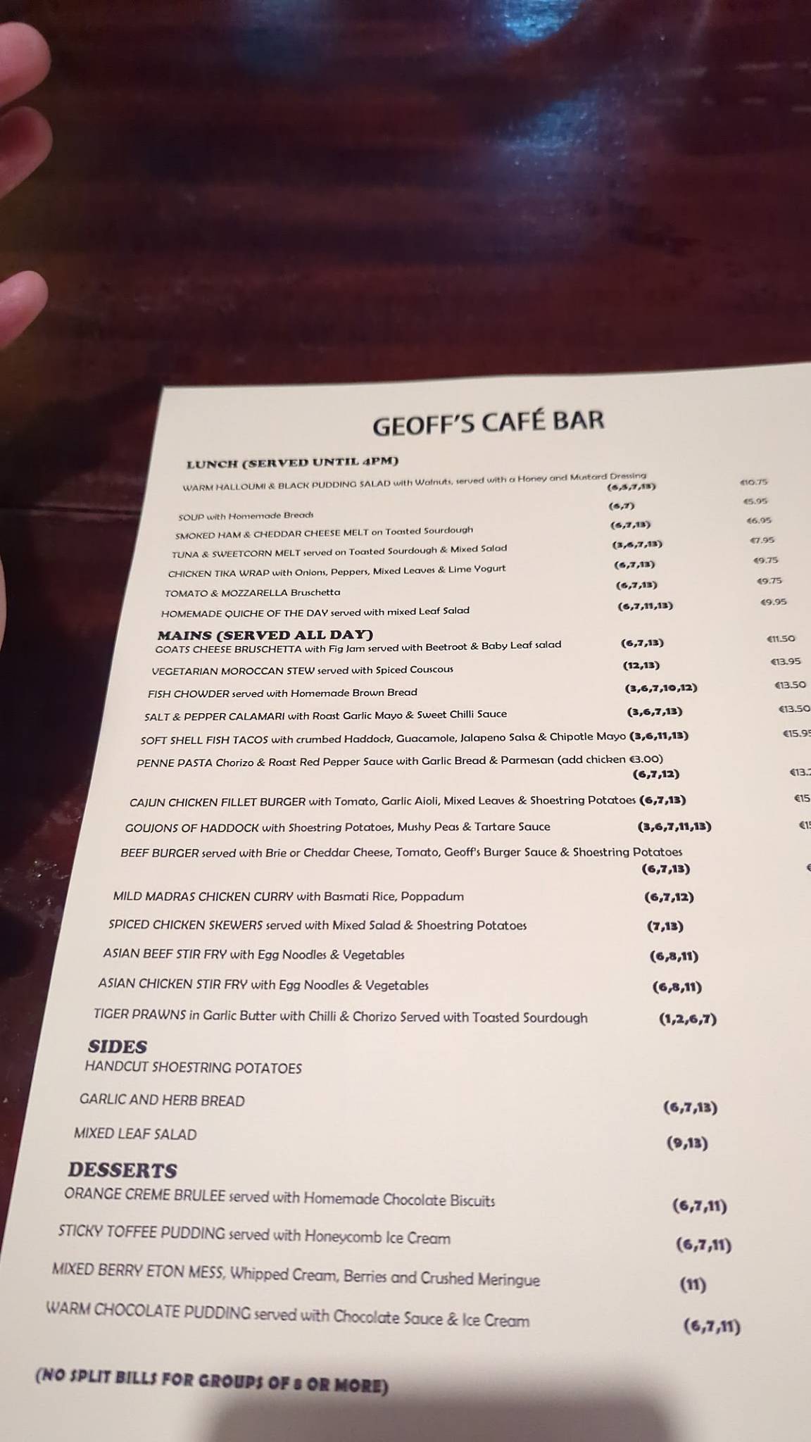 Menu at Geoff's Cafe Bar, Waterford
