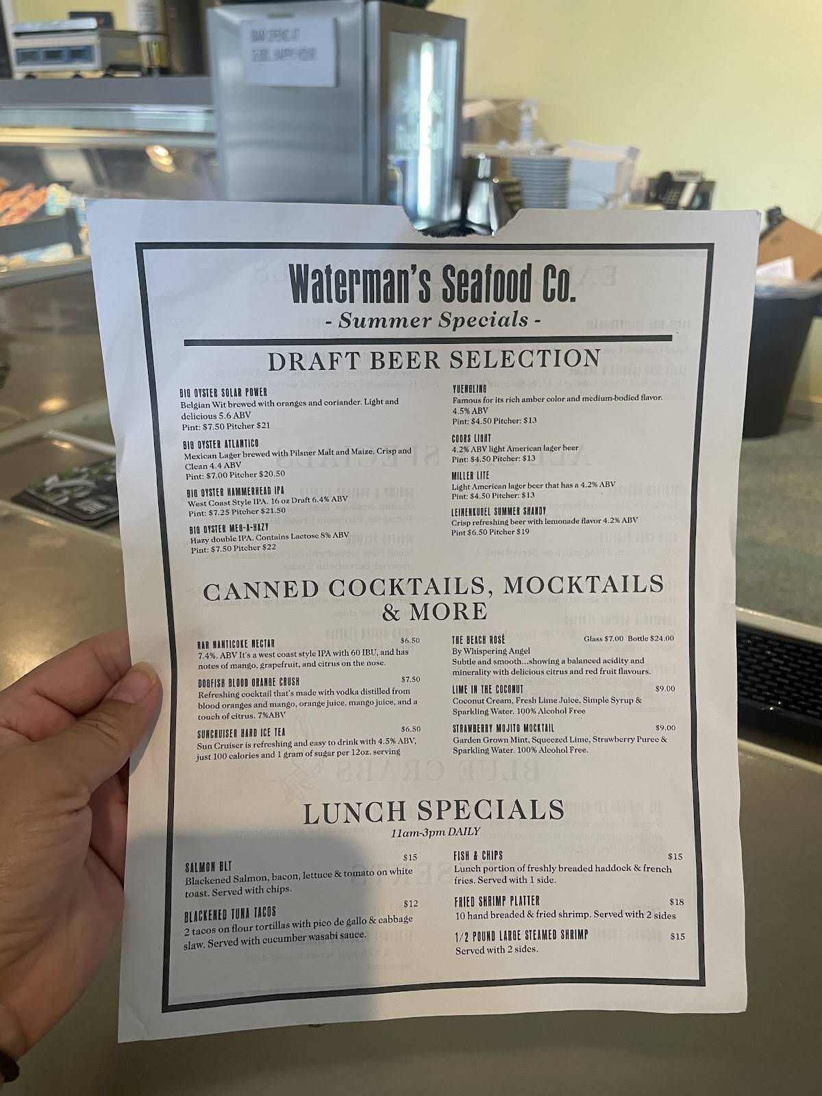 Menu at Waterman's Seafood restaurant, Ocean City