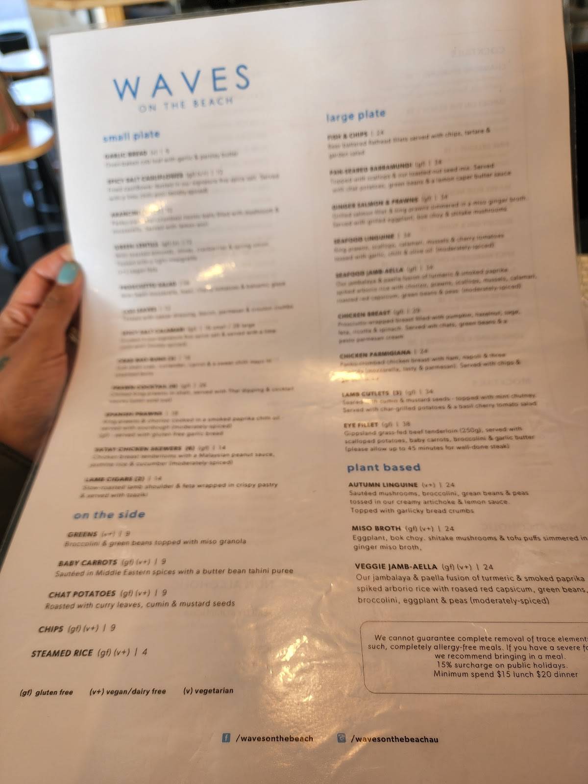 Menu at Waves on the Beach Restaurant, Frankston