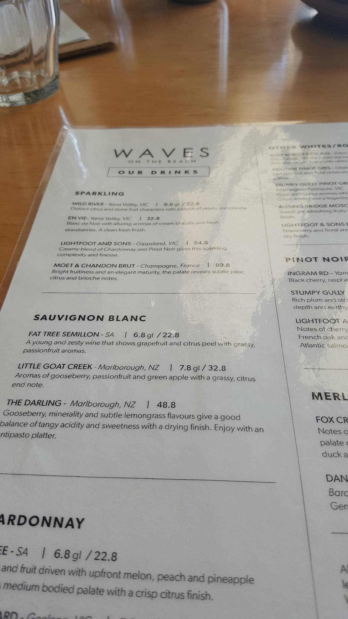 Menu at Waves on the Beach Restaurant, Frankston