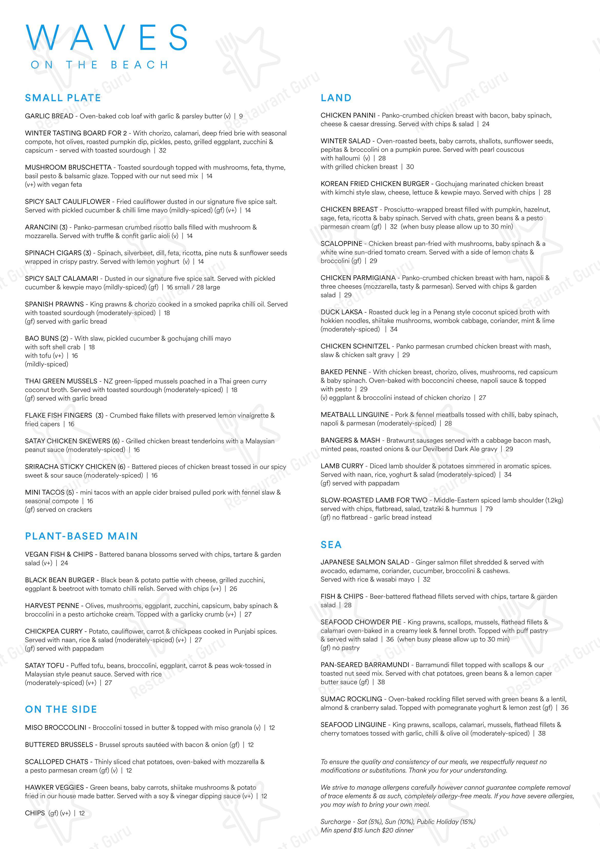 Menu at Waves on the Beach Restaurant, Frankston