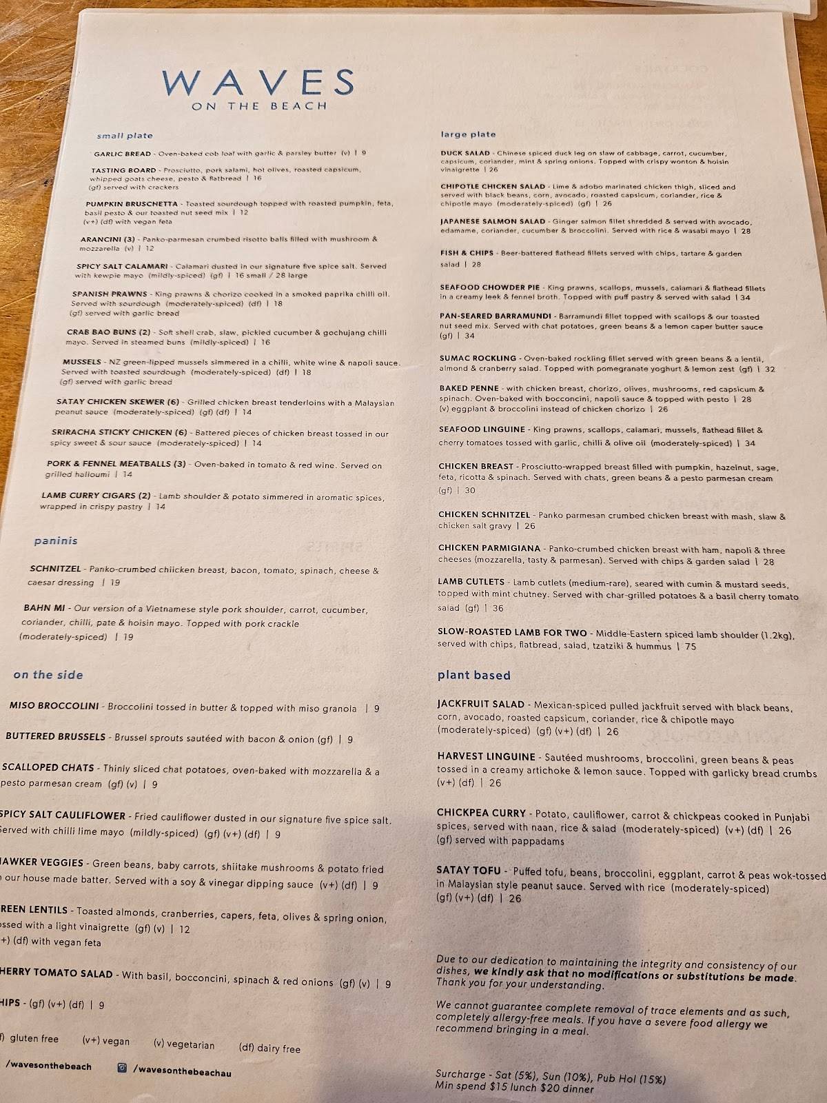 Menu at Waves on the Beach Restaurant, Frankston