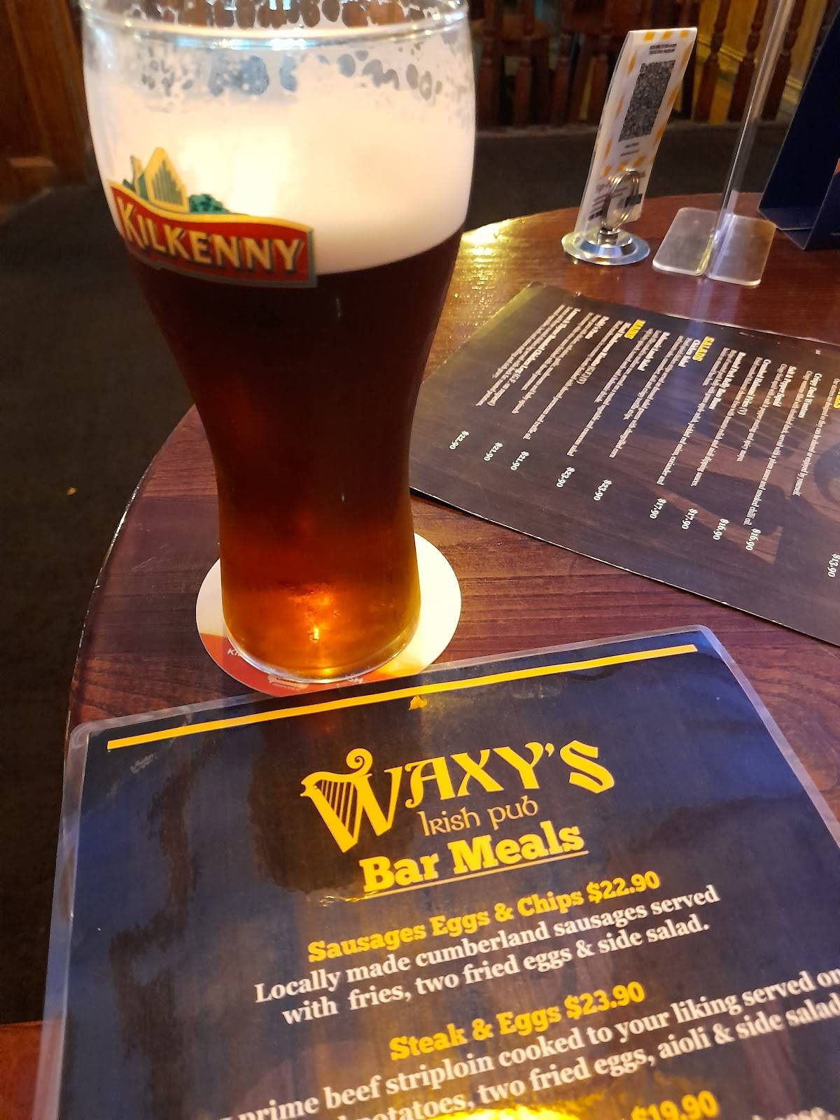 Menu at Waxy's Irish Pub, Invercargill