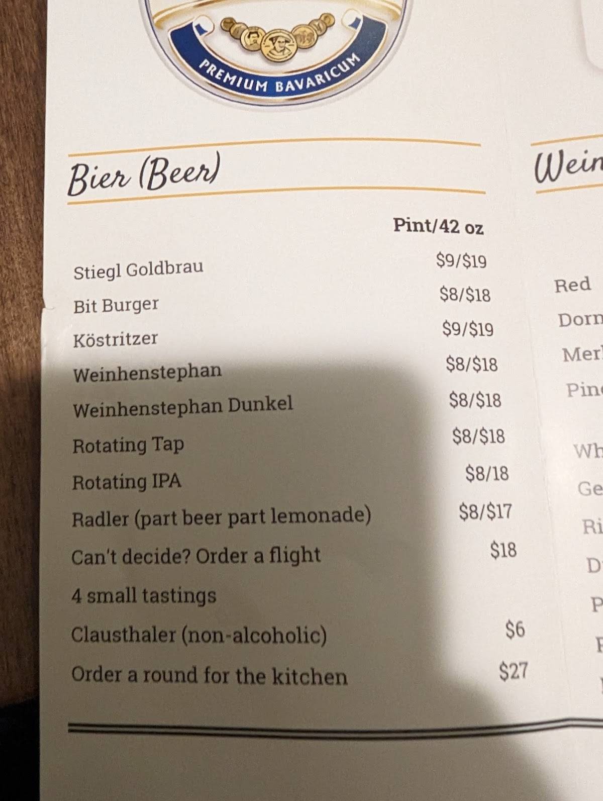 Menu at Weiss' Gasthaus German Restaurant, South Bend