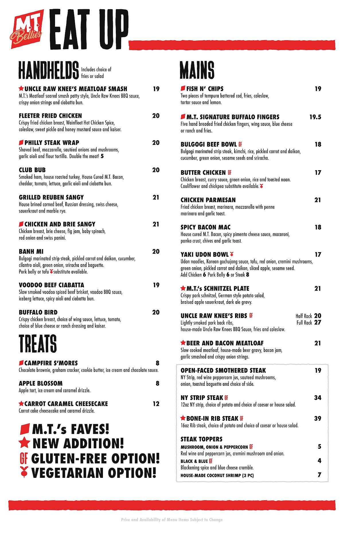Menu at M.T. Bellies restaurant, Welland