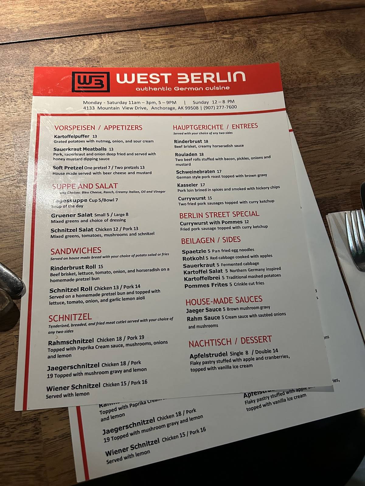 Menu at West Berlin restaurant, Anchorage