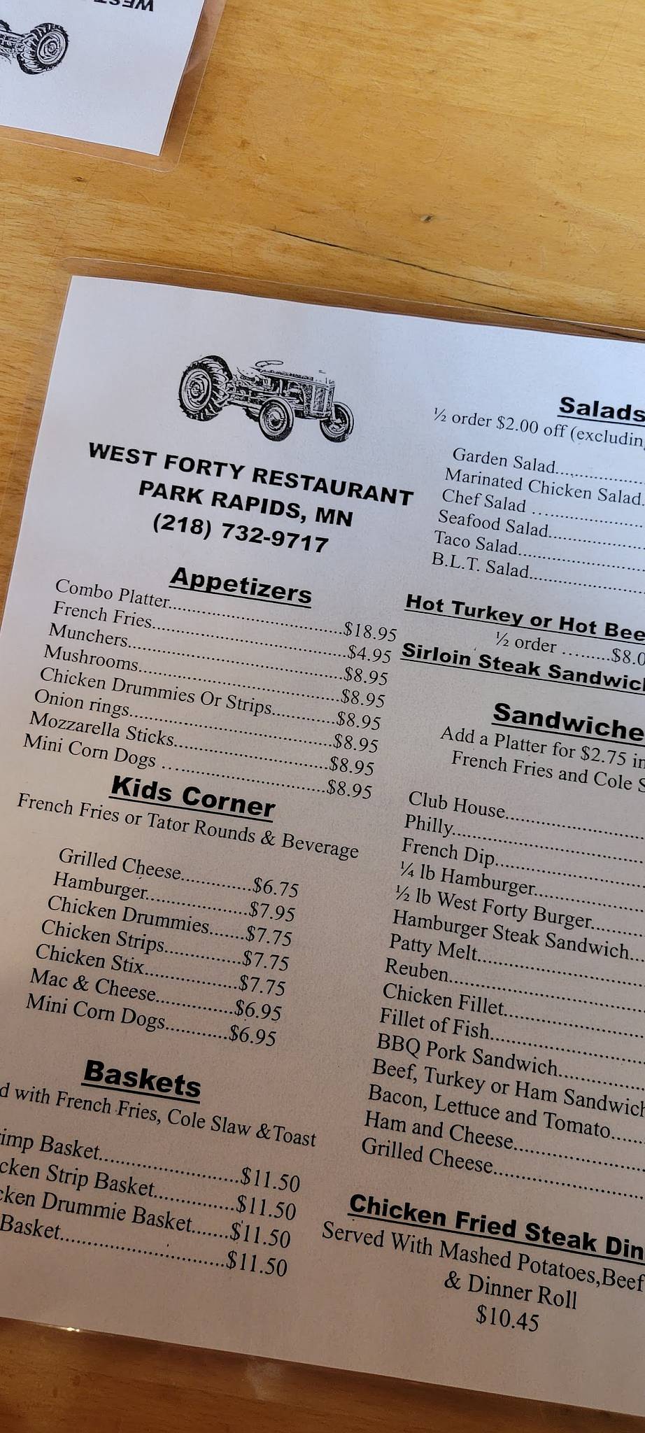 Menu at West Forty Restaurant, Park Rapids, 906 1st St W