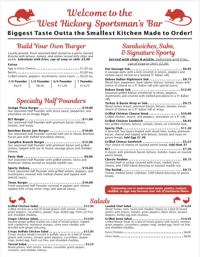 Menu at West Hickory Sportsman's Bar, West Hickory