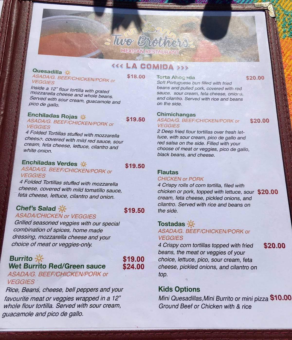 Menu at Two Brothers Mexican Restaurant, West Kelowna