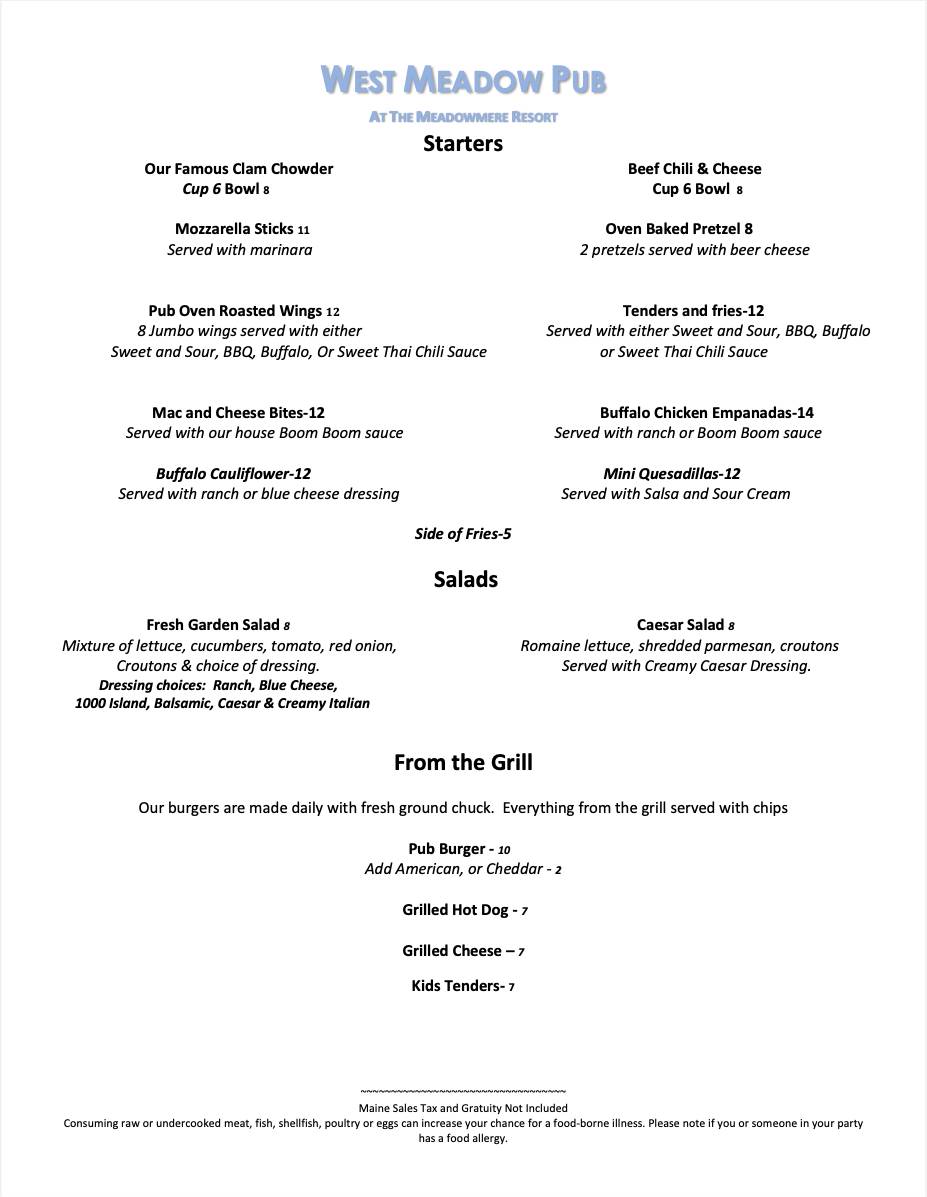 Menu at West Meadow Pub, Ogunquit