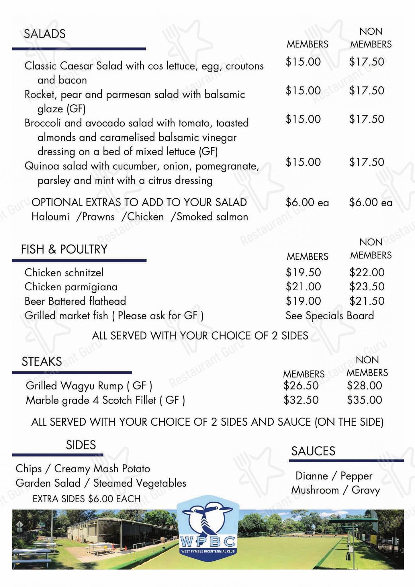 Menu at West Pymble Bicentennial Club, West Pymble