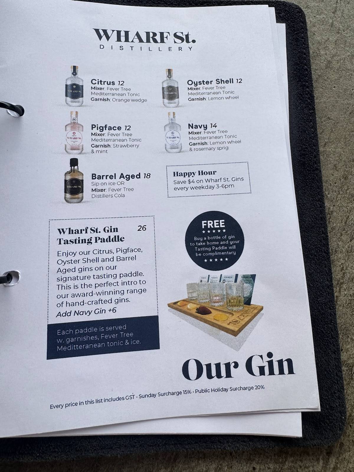 Menu at Wharf St. Distillery Restaurant, Forster