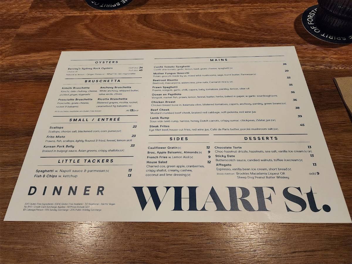 Menu at Wharf St. Distillery Restaurant, Forster
